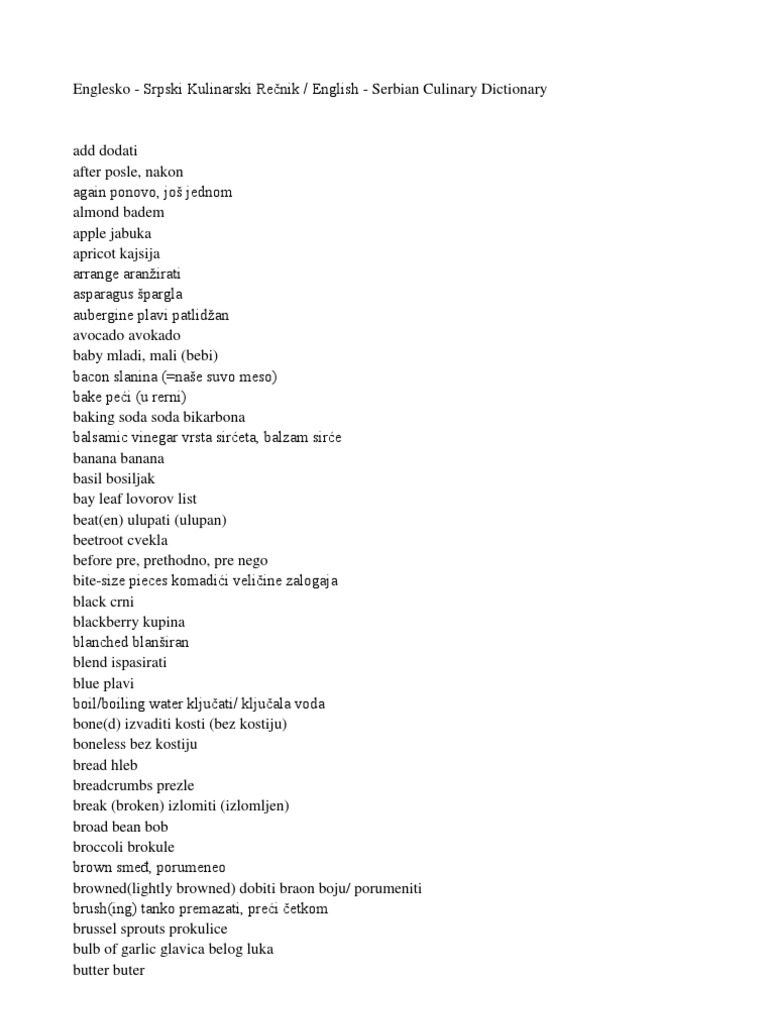 Englesko-Srpski Kulinarski Recnik | PDF