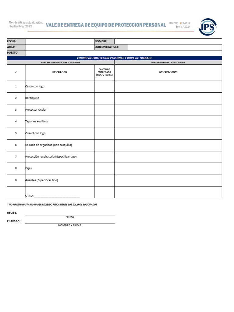 FR4012 Vale de entrega de EPP | PDF