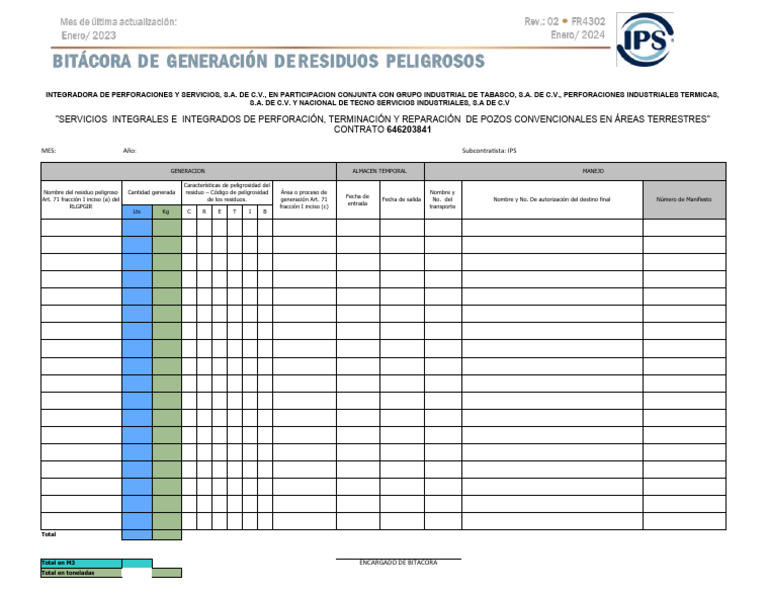 Fr4302 Bitacora de Generacion de Residuos Peligrosos Acref | PDF