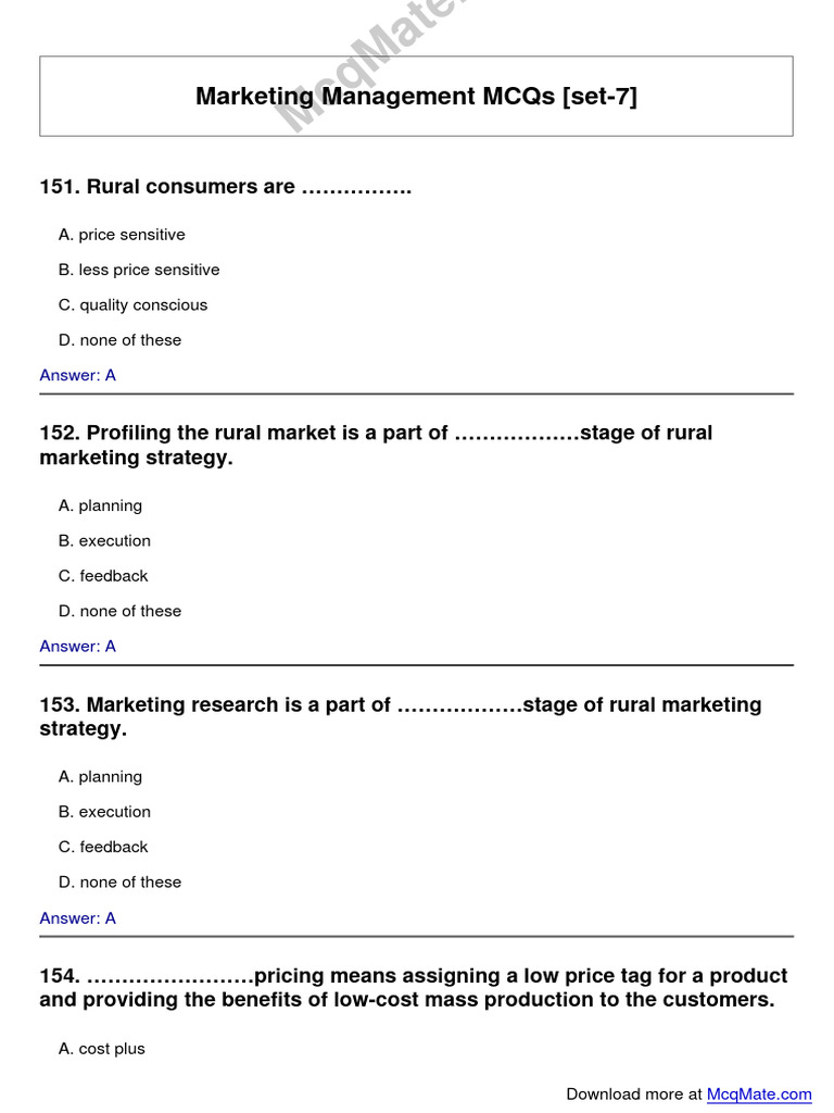 Marketing Management MCQs Set 7 | PDF | Marketing | Pricing