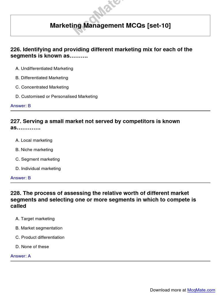 Marketing-Management Solved MCQs (Set-10) | PDF | Pricing | Marketing