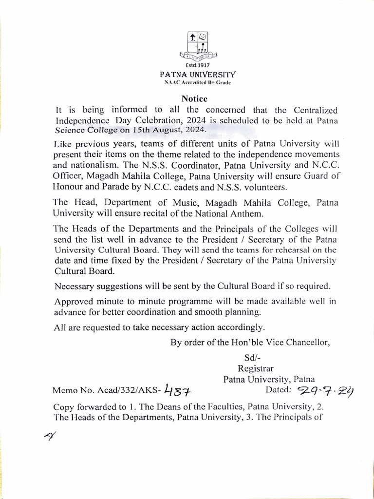 Memo No.437 Notice Regarding Centralised Independence Day Celebration ...