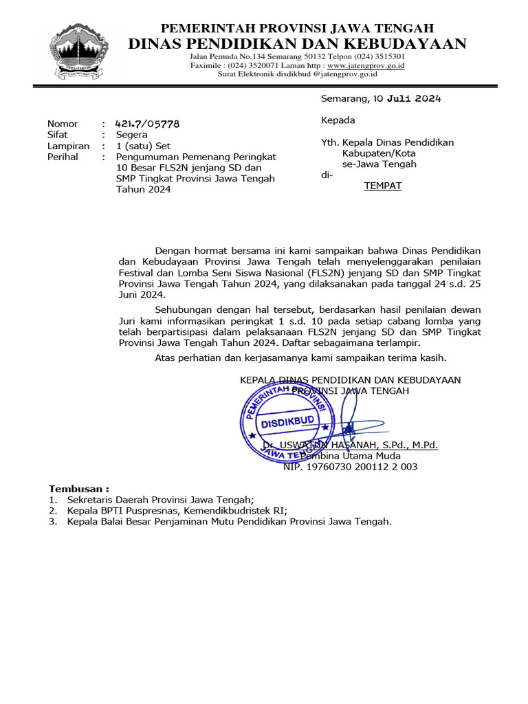 Pengumuman Pemenang FLS2N SD Dan SMP Tahun 2024 | PDF