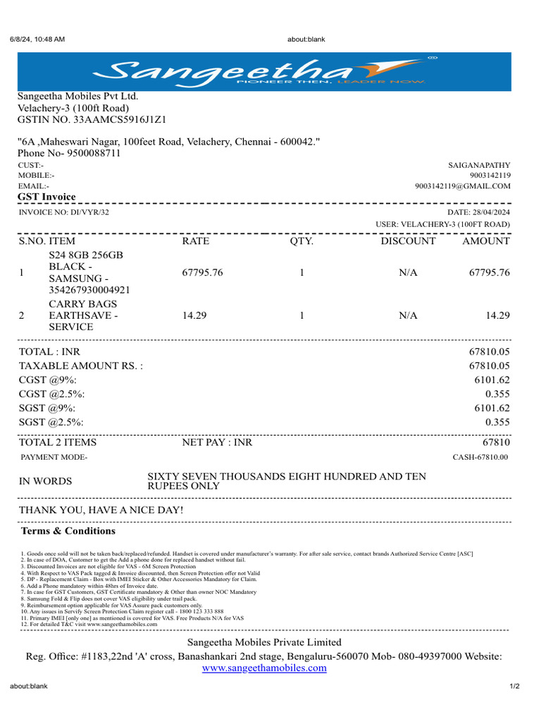 Samsung S24 Invoice 28Apr2024Till28Apr2025 | PDF | Invoice