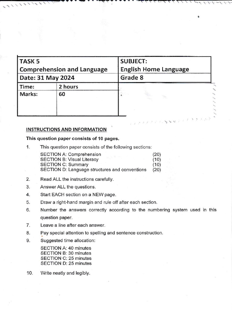 Grade 8 English Comprehension Test | PDF | Reading Comprehension | Love