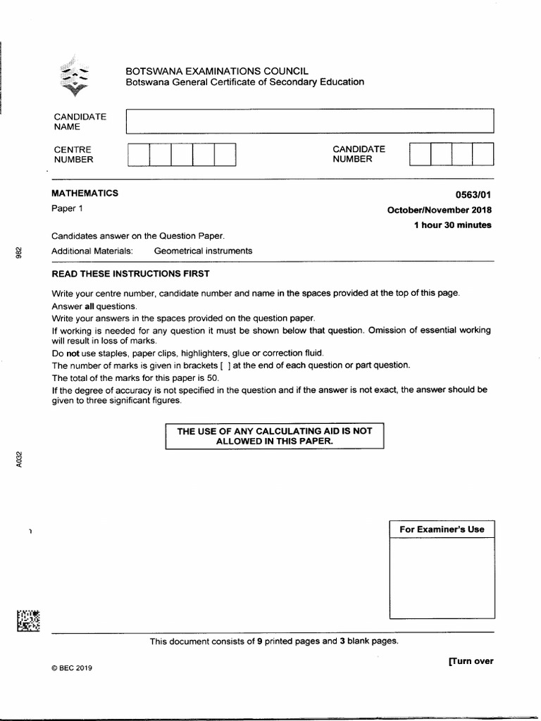 Bgcse Maths Pp1 2018 | PDF