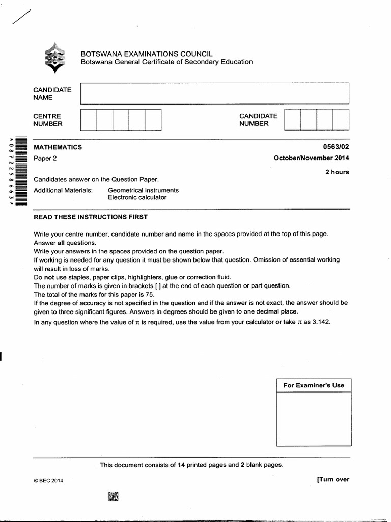 Bgcse Maths Pp2 2014 | PDF
