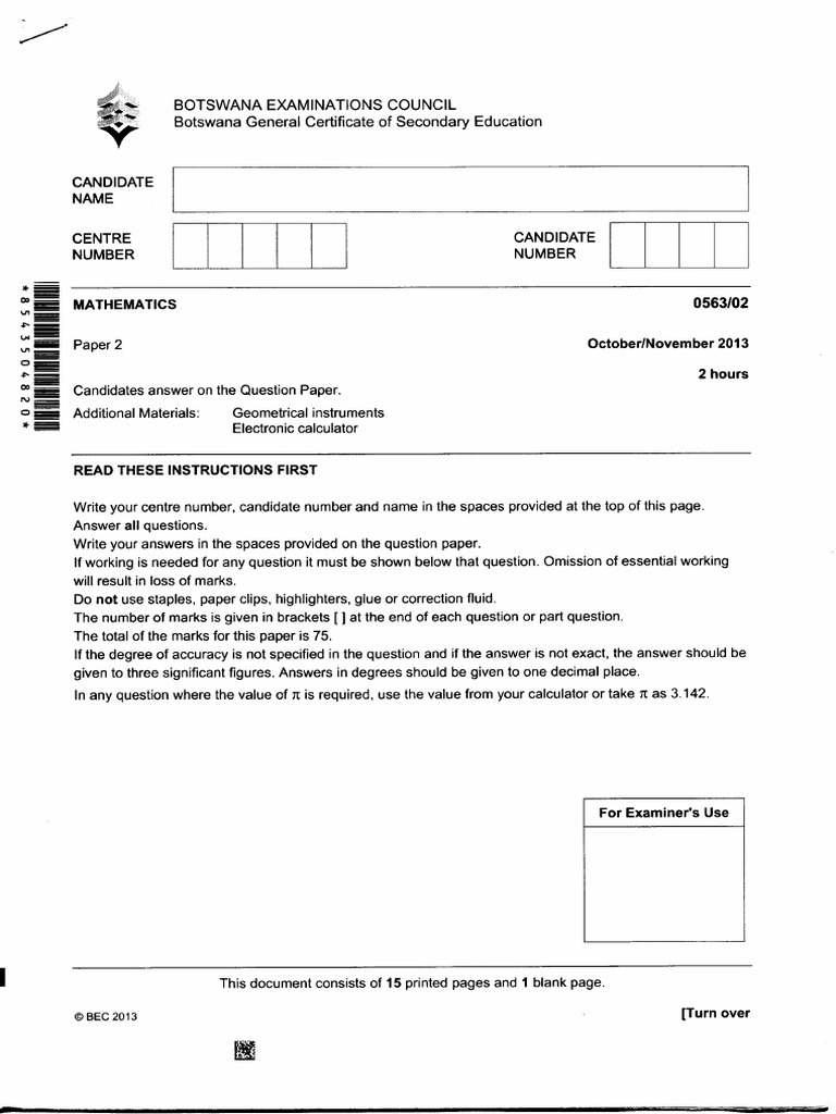Bgcse Maths Pp2 2013 | PDF