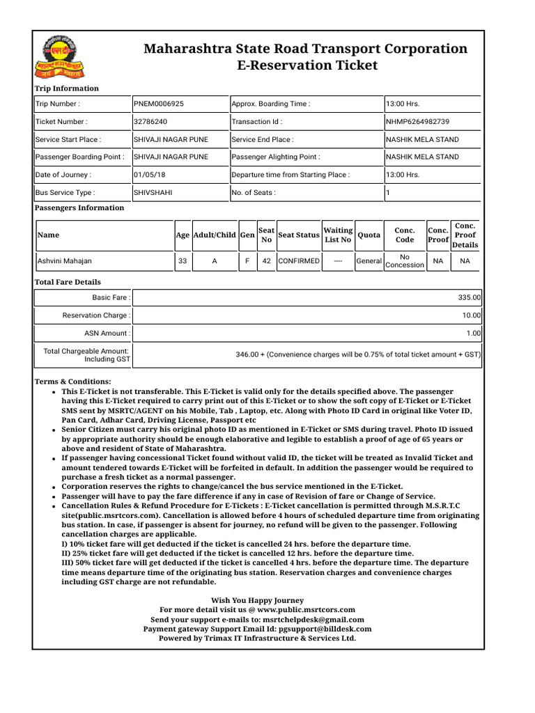 MSRTC - Online Reservation System | PDF | Fare