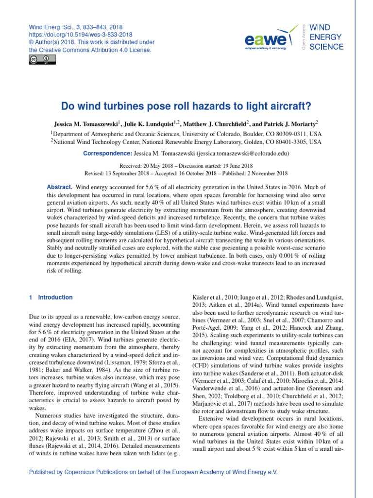 Do Wind Turbines Pose Roll Hazards To Light Aircraft?: Correspondence ...