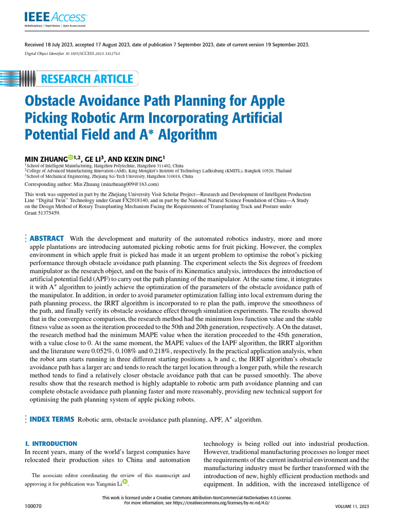 Obstacle Avoidance Path Planning For Apple Picking Robotic Arm Incorporating Artificial ...