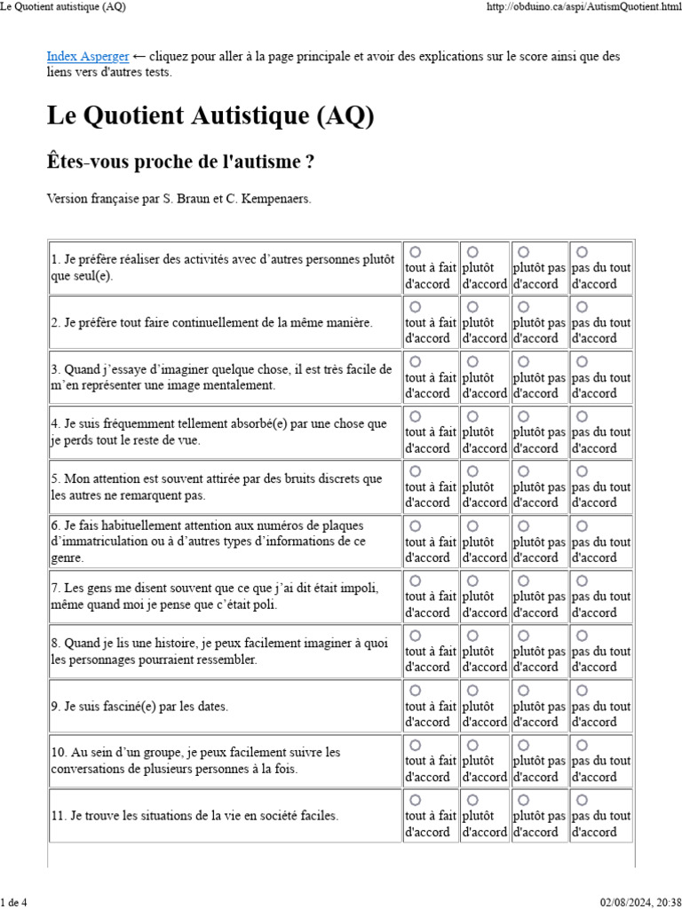Test du Quotient Autistique (AQ) | PDF | Trouble du spectre de l ...