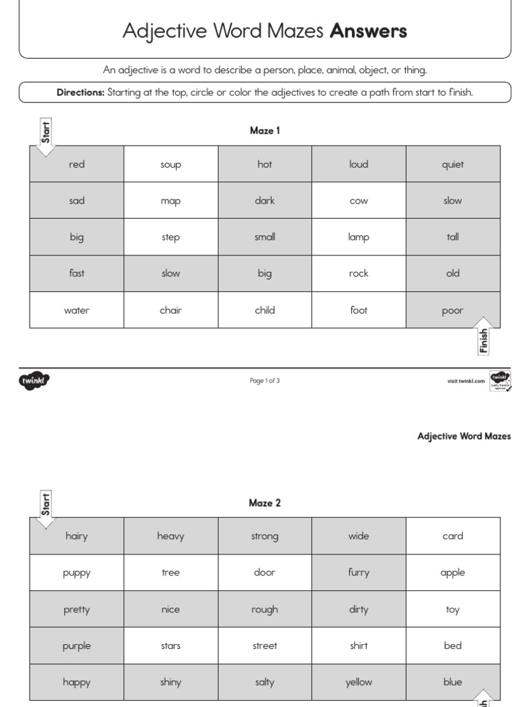 Answers Adjective Word Mazes | PDF