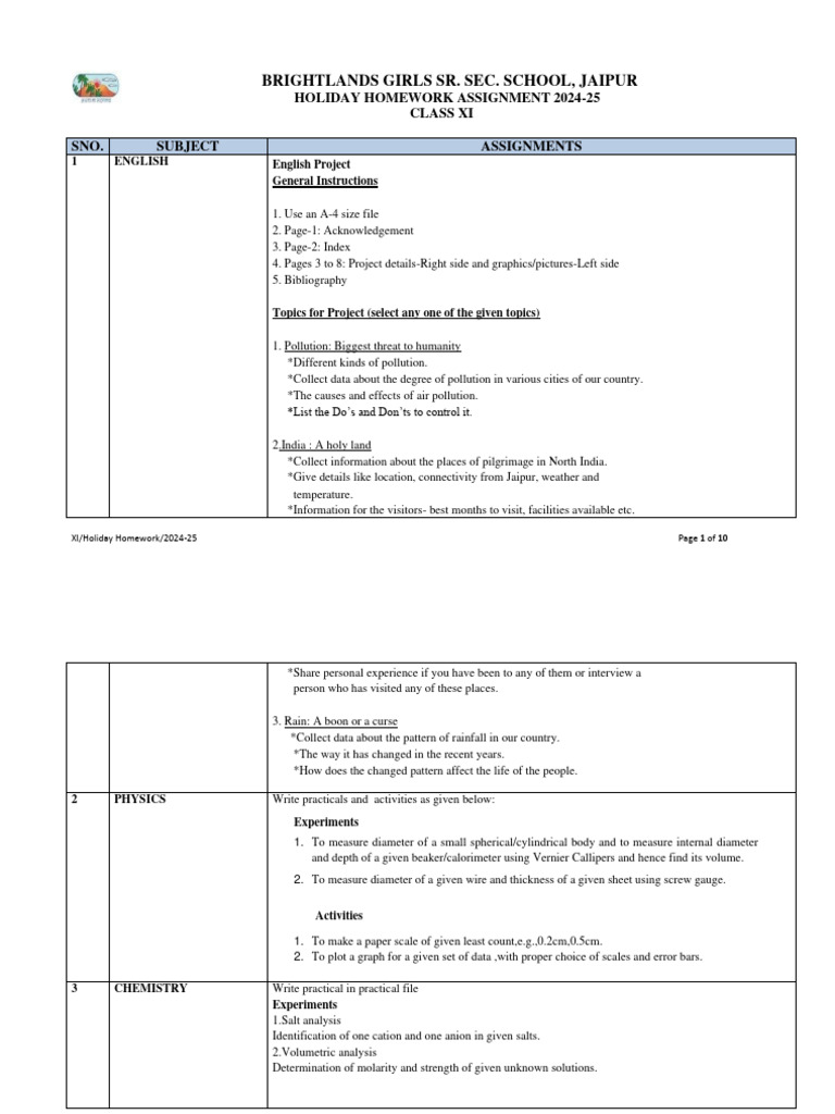 Class XI Holiday Homework 2024-25 | PDF