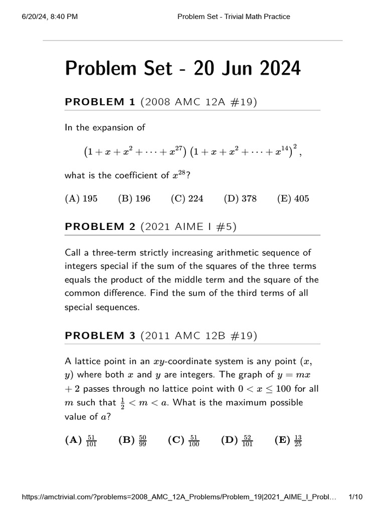 AMC and AIME Problem Set 2024 | PDF | Arithmetic | Mathematical Objects