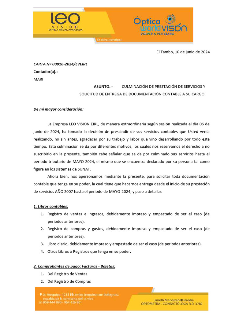 Solicitud Doctos Contables Carta Nro 016 2024 Leo Vision | PDF | Contabilidad