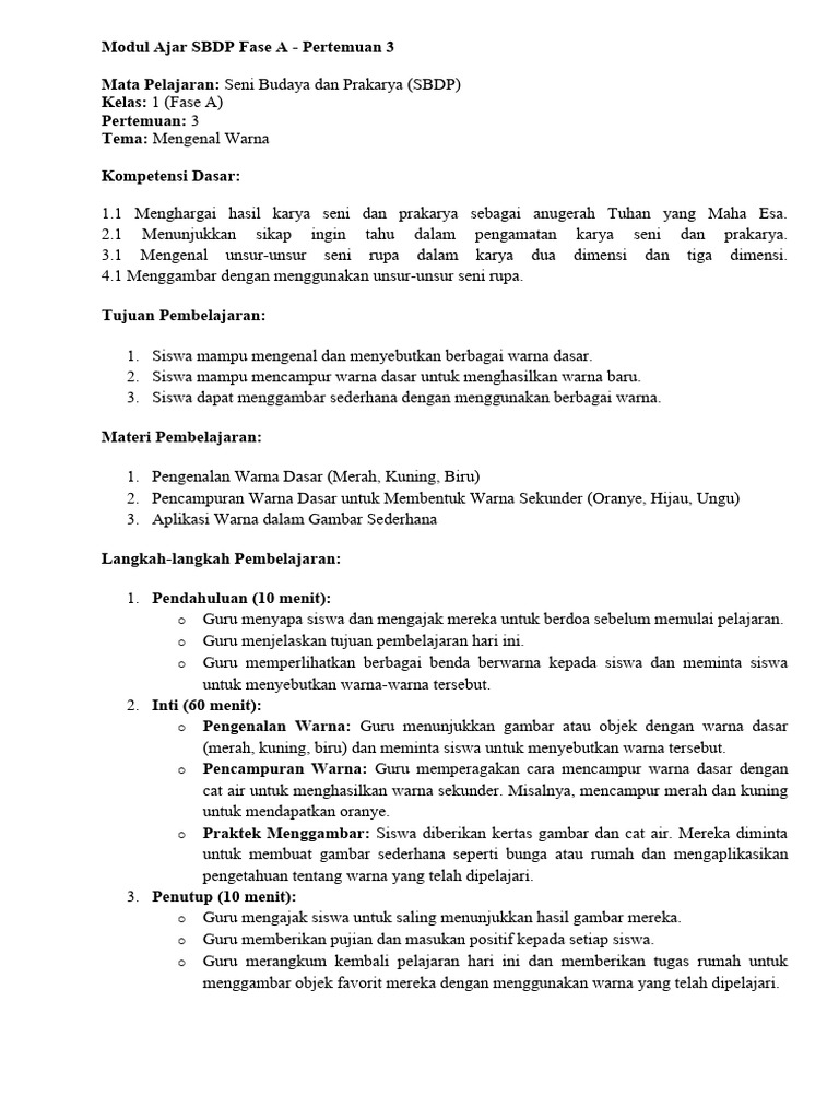 Modul Ajar SBDP Fase A Pertemuan 3 | PDF | Seni