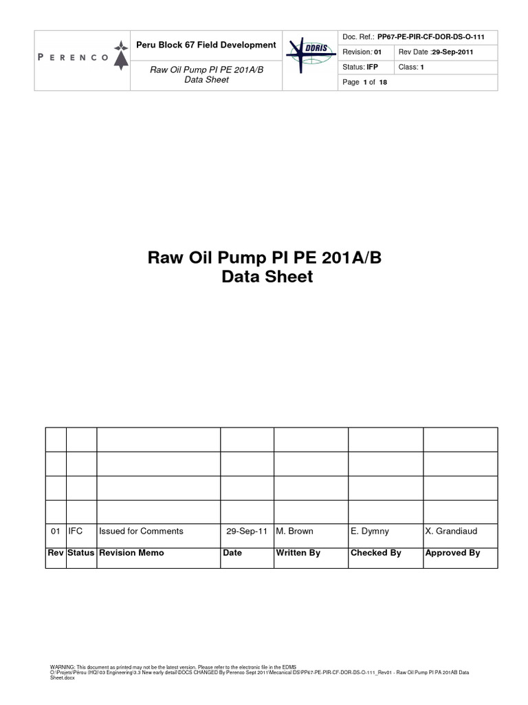 PP67-PE-PIR-CF-DOR-DS-O-111 - Rev01 - Raw Oil Pump PI PA 201AB Data Sheet | PDF | Pump | Gases