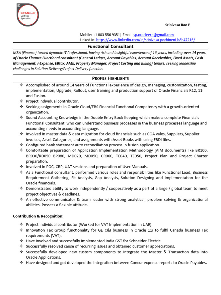 Srinivas Oracle Finance EBS Functional Consultant | PDF | Oracle Corporation | Business