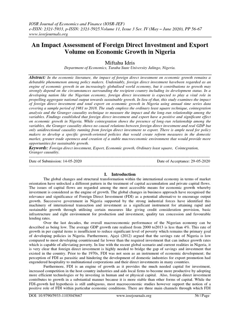 An Impact Assessement of Foreing Direct Investment and Export Volume On ...