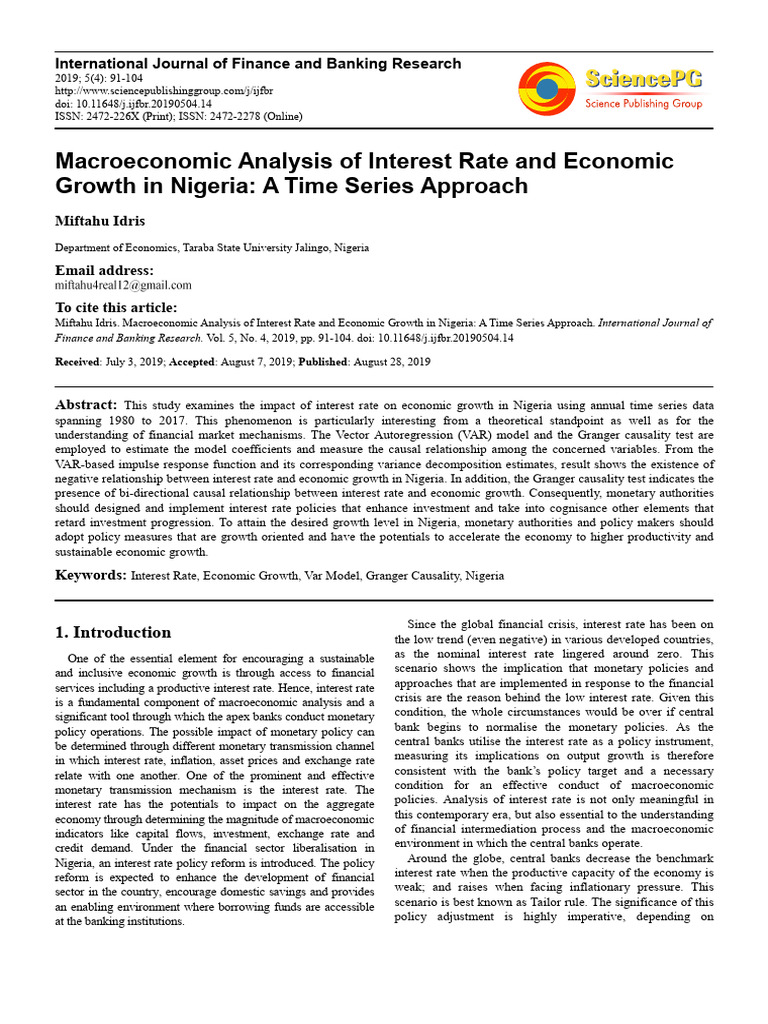 Macroeconomic Analysis of Interest Rate and Economic Growth in Nigeria. a Time Series Approach ...