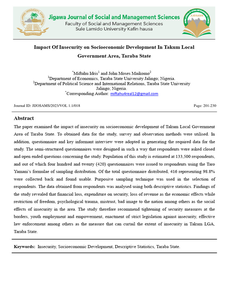Impact of Insecurity On Socioeconomic Development in Takum LGA, Taraba State | PDF | Boko Haram ...