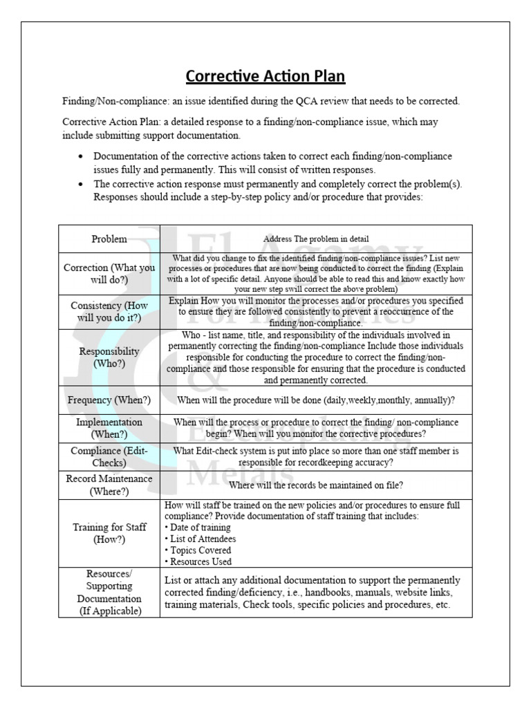 Corrective Action Plan Template | PDF | Regulatory Compliance ...