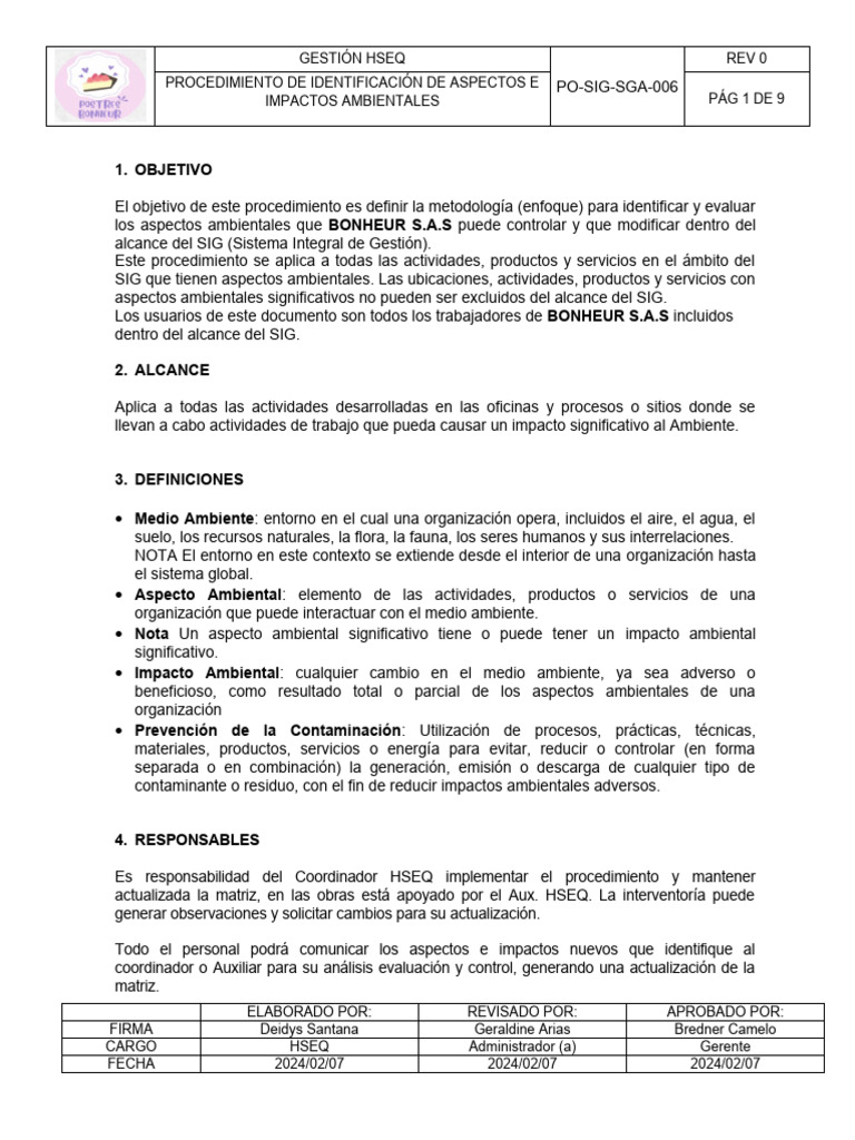 Procedimiento de Identificación de Aspectos e Impactos Ambientales Po-Sig-Gal-006 | PDF ...