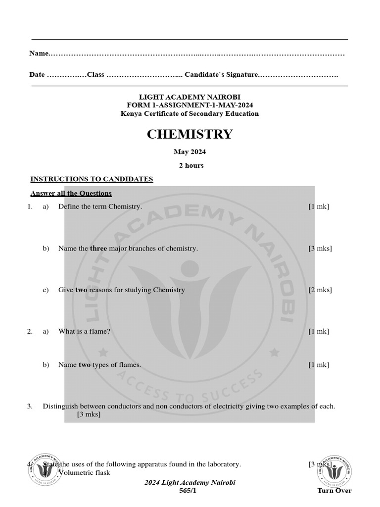 Form 1 Chemistry Assignment 1 | PDF | Physical Sciences | Chemistry