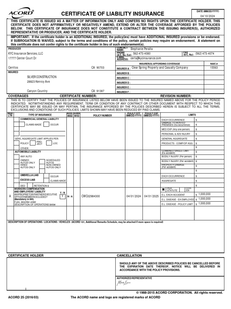 Acord Form 25 - Silver Construction 2 | PDF | Insurance | Liability ...