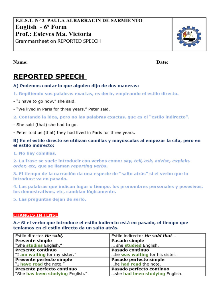 Grammar REPORTED SPEECH Spanish | PDF | Grammar | Linguistics