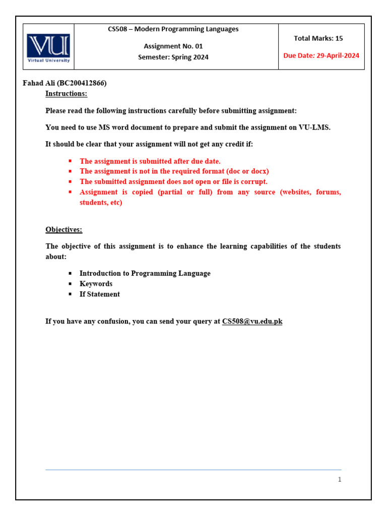 Spring 2024 - CS508 - 1 - BC200412866 | PDF | Computer Programming | Programming Language