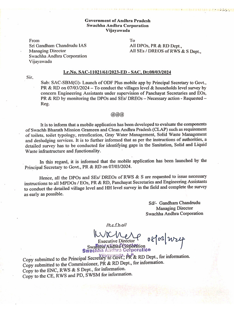 LTR To All DPOs and SEs DREOs of RWS Dept ODF Plus Mobile App | PDF