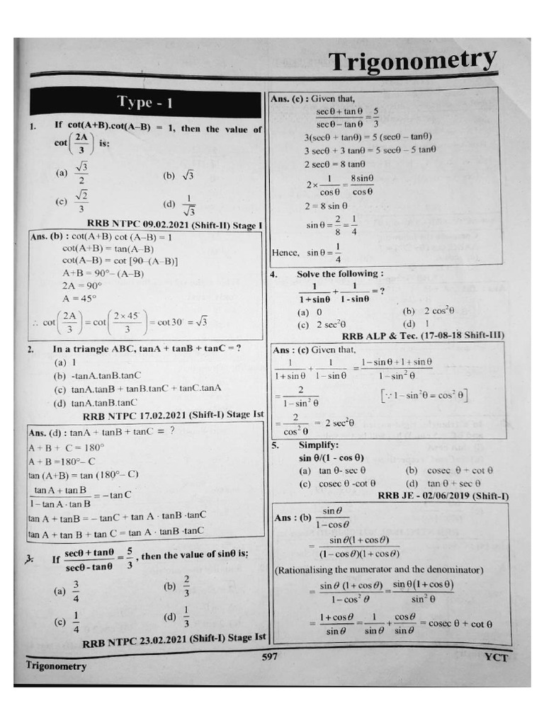 Trigonometry RRB | PDF