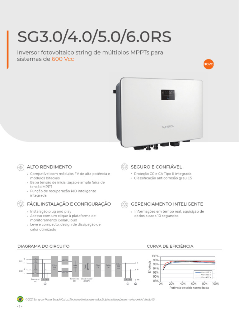 Inversor Solar Sungrow sg5 0rs 5 0 KW Monofasico 220 V 2 MPPT | PDF ...