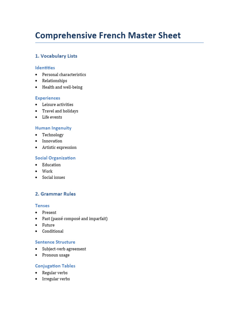 Comprehensive French Master Sheet | PDF