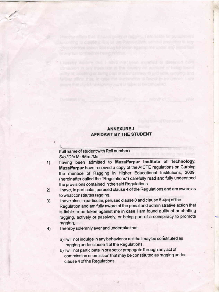 Anti-Ragging-affidavit Student Format MIT | PDF | Affidavit | Civil Law ...