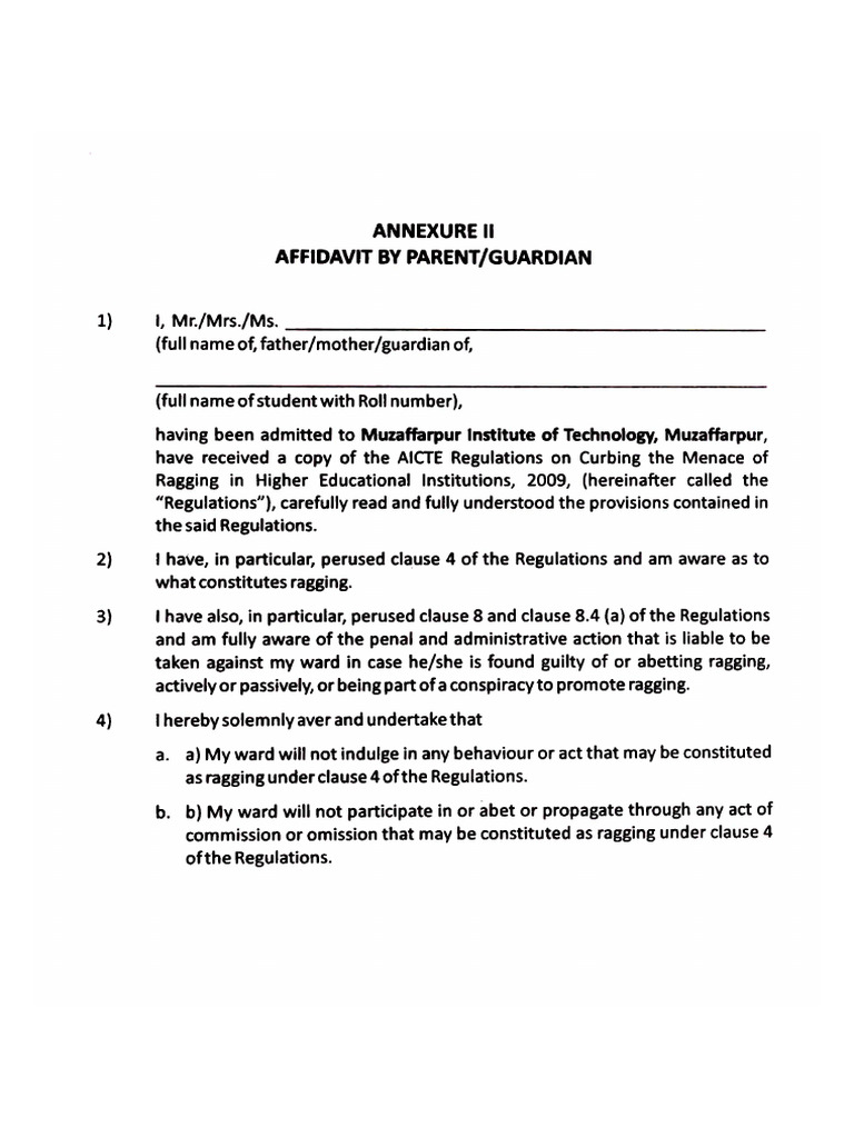 Anti-Ragging Affidavit by Guardian | PDF