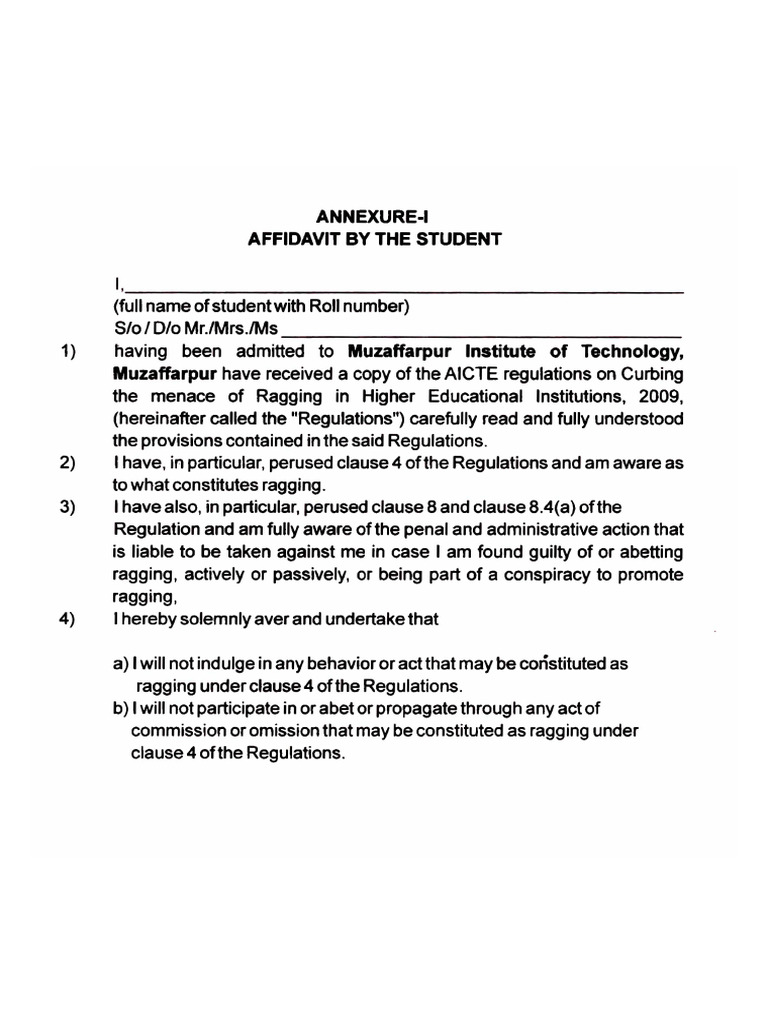 Anti-Ragging Affidavit by Student | PDF