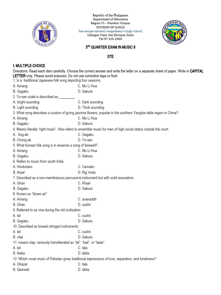 Music 8 Third Quarter Exam Guide | PDF | Musicology | Performing Arts