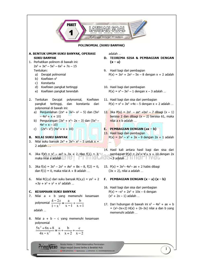 4 Mat Minat Latihan Soal 1 Polinomial 11 Sma | PDF | Metode & Bahan Ajar