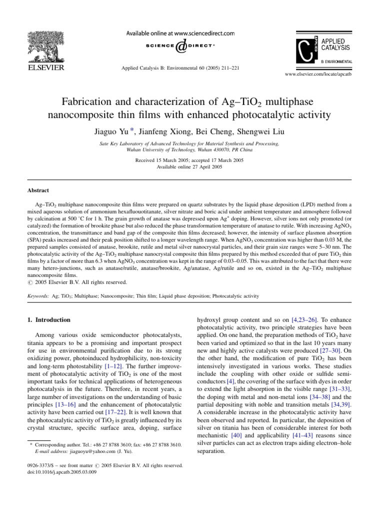 Ag-TiO2 Nanocomposite Thin Films for Photocatalysis | PDF | Titanium ...