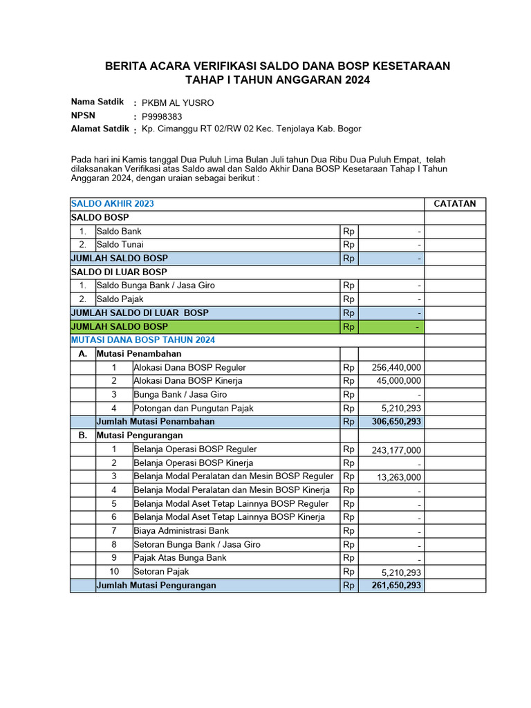Berita Acara Verifikasi Saldo Dana Bosp PKBM Tahap 1 - PKBM Al Yusro ...