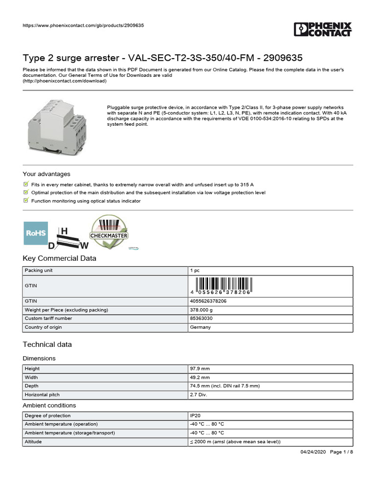 Type 2 Surge Arrester - VAL-SEC-T2-3S-350/40-FM - 2909635: Key ...