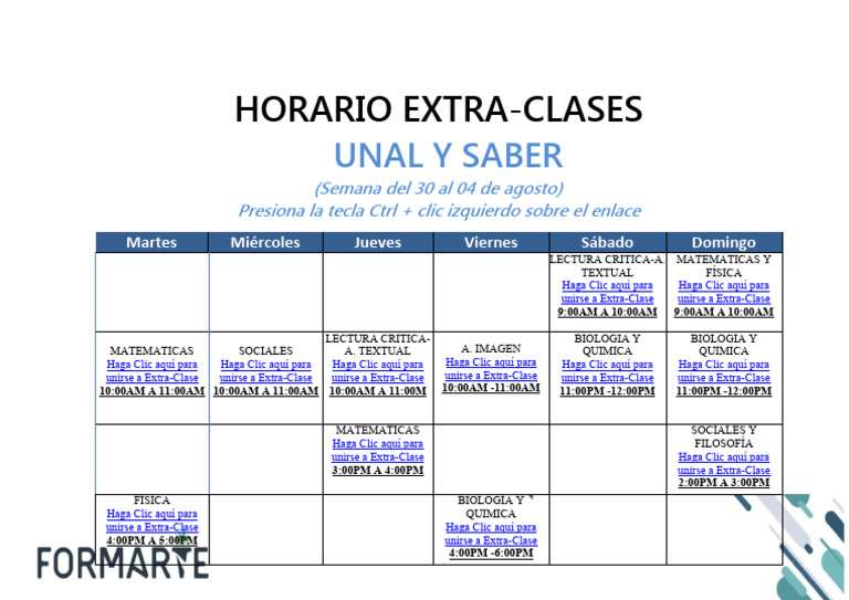 Horario Extra-Clases UNAL 30 Jul-4 Ago | PDF