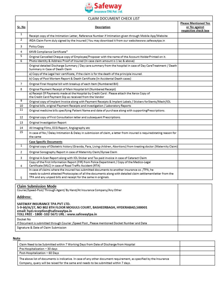 TPA Claim Document Checklist | PDF | Receipt | Cheque