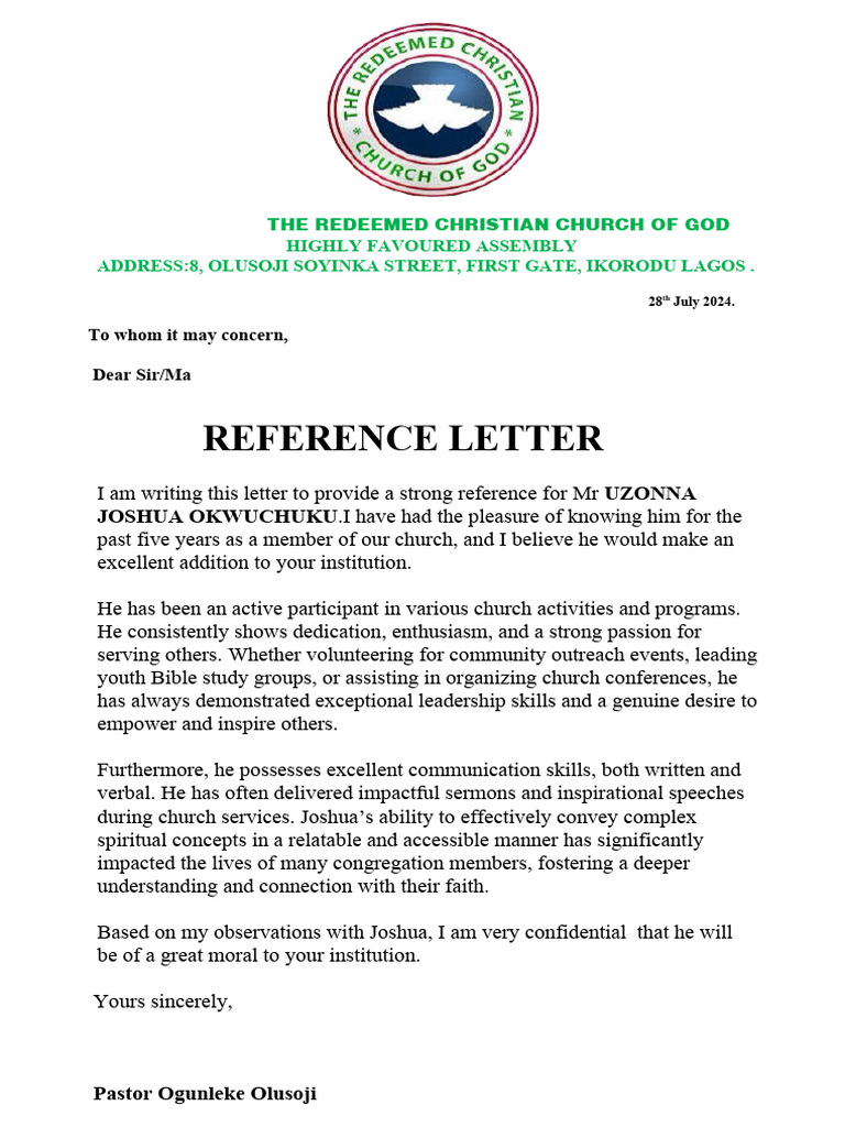 Church Recommendation Letter Template - Edit Online & Download Example ...