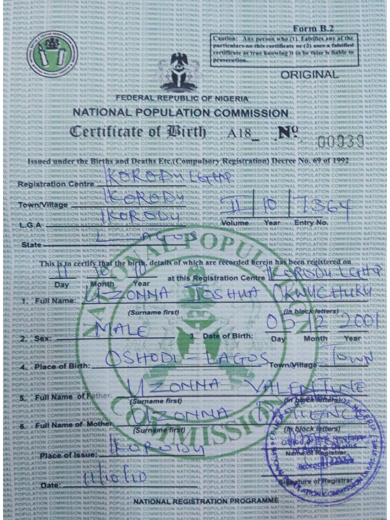 Uzonna Birth Certificate | PDF