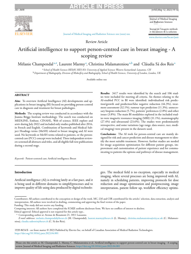 Artificial Intelligence To Support Person-Centred Care in Breast Imaging - A Scooping Review ...