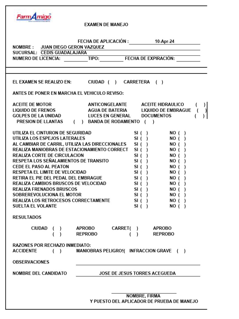 Examen de Manejo | PDF | Coche | Industria automotriz